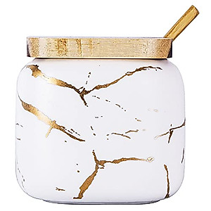 VanEnjoy Decorative Marble Inlay Glaze Ceramic Sugar Spice Containers Porcelain Jar with Bamboo Lid and Spoon Condiment Jar for Home