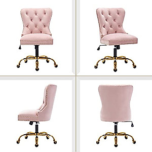QUINJAY Velvet Home Office, Upholstered Adjustable Swivel desk chair with Gold Base, Tufted Study with Comfy High Back for Teens Study Makeup Pink
