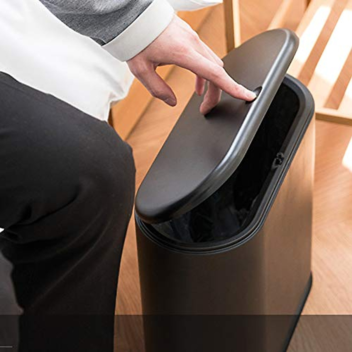 Changshin Franco Touch-Top Lid Slim Bin Trash Can for Kitchen, Bathroom, Bedroom, Office, Campers Garbage Plastic 10 Liter 2.6 Gallon Black