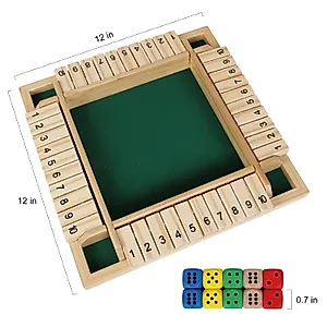 GOTHINK Shut The Box Dice Game with 8pcs Dices 12 inch Traditional Wooden Table Math Board Game 10 Numbers for Kids Adults, Family Classroom Home or Pub Bar 1-4 Players