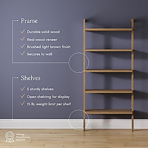 Nathan James Beacon 5 Tier Bookshelf, Wall Mounted Bookcase, Solid Wood Bookshelf in Wire Brushed Finish, Boho Rustic Bookcase