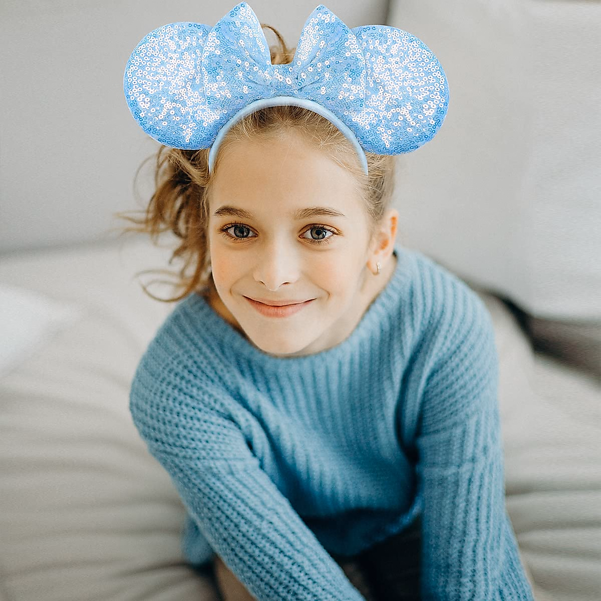 Mouse Ears headband,2pcs Sequin Headband Glitter Hairband for Baby Shower Headwear Halloween Theme Party Decorations (Pink&Blue)