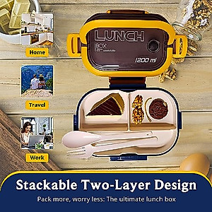 Cute colorful Blue & Yellow Bento Lunch Box containers with Detachable Divider, leakproof seal, Microwave and dishwasher safe (1200ml), with reusable utensils for your daily takeaway meals.