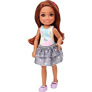 Barbie Club Chelsea Doll (6-inch Brunette) Wearing Unicorn-Themed Graphic and Star Skirt, for 3 to 7 Year Olds