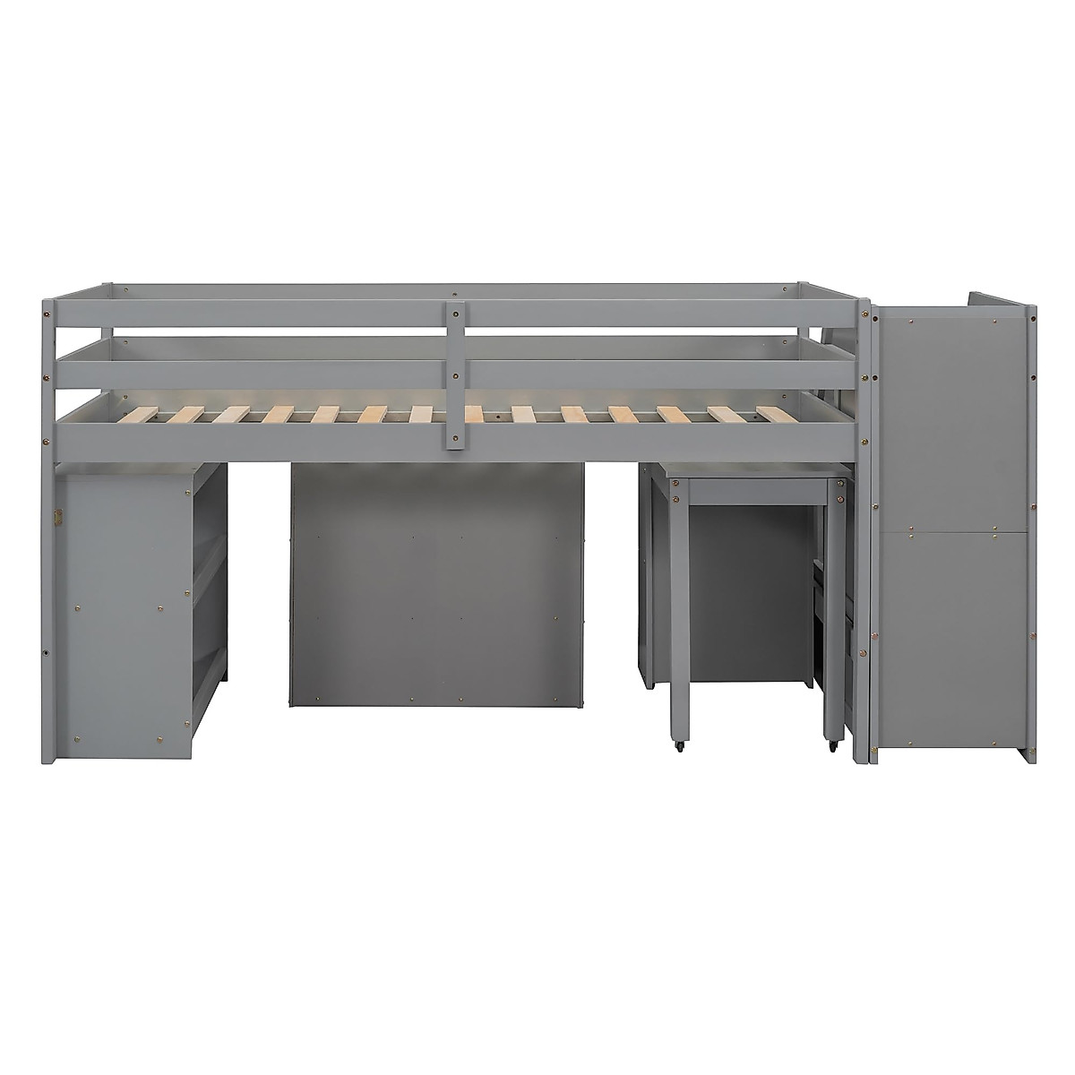 Loft Bed and 3 Drawers, Wooden Loft Bed with Storage Stairs and Shelves, Gray