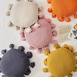 vctops Decorative Round Fringe Throw Pillow with Inserts Woven Textured Throw Pillows for Bedroom Living Room Sofa Couch Balcony (Yellow, Diameter 16")