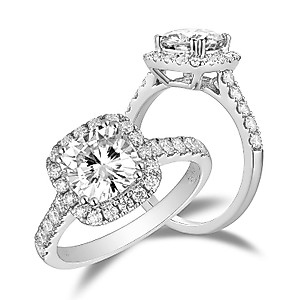 DovEggs Solid 14K White Gold Center 2ct 7.5mm G-H-I Color Cushion Cut Created Moissanite Halo Engagement Ring with Accents (6.5)