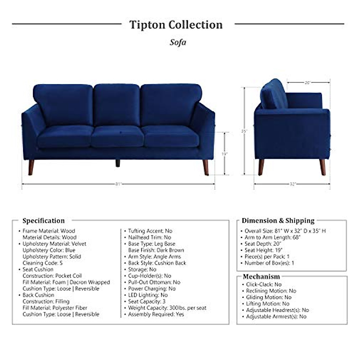 Lexicon Tipton Living Room Sofa, Blue