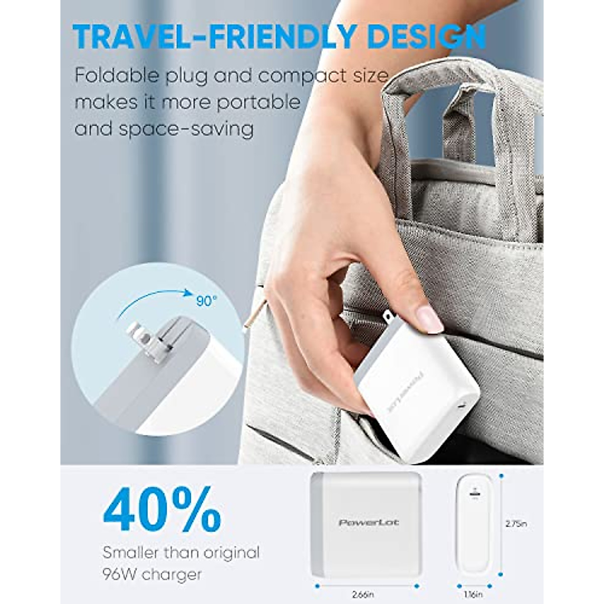 100W USB C Charger PowerLot Fast Wall Charger PD 3.0 GaN Type C Charging, Power Adapter with 5A 6ft Cable, Universal Charger Block for MacBook, iPad, iPhone 14, Pixel, Chromebook and USB-C Laptops