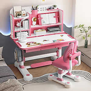 Kids Desk and Chair Set, Height Adjustable Kids Study Desk with Cartoon Pattern, Widened Tabletop, Tiltable Reading Stand, Back Support & Spine Protect, Prevent Myopia, for Boys & Girls (Pink-B)