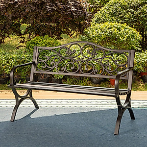 PHI VILLA 50-Inch Cast Iron Steel Frame Garden Bench Outdoor Patio Bench Chair w/Floral Design Backrest, Slatted Seat for Park, Yard & Porch, Black