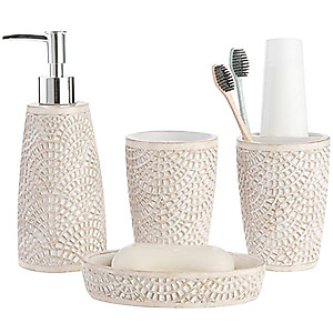 MyGift 4 Piece Vintage White Bathroom Accessories Set, Includes Lotion Pump Dispenser, Tumbler, Toothbrush Holder, and Soap Dish