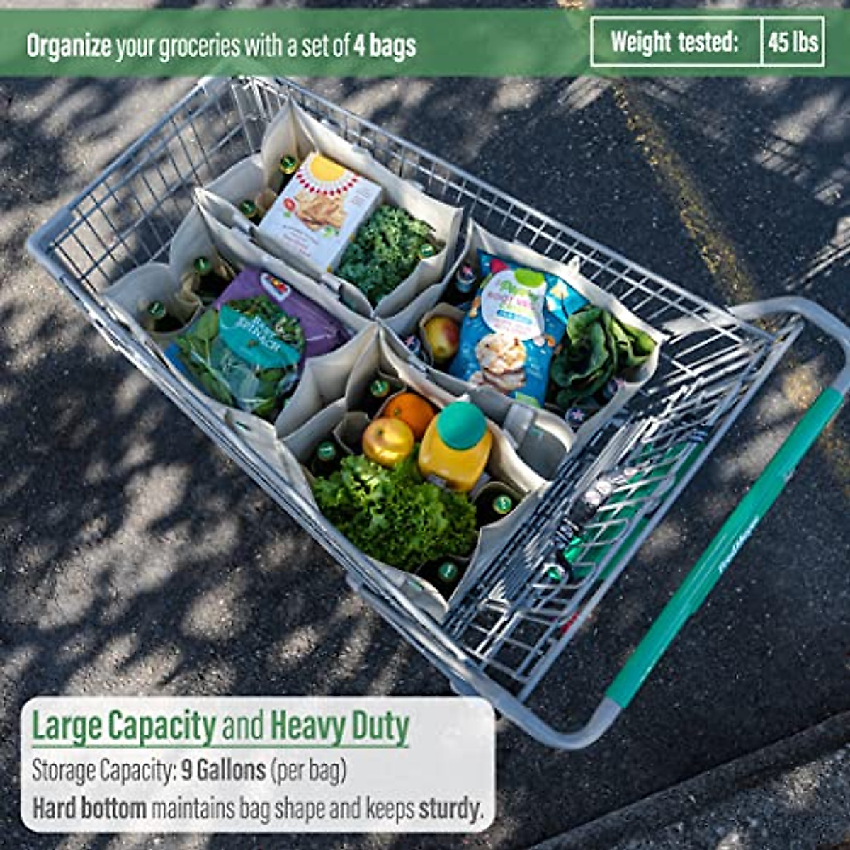 VENO 4 Pack Reusable Grocery Shopping Bag w/bottle holder, Hard bottom, Foldable, Multipurpose Heavy Duty Tote, Daily Utility bag, Stands Upright, Sustainable (Set of 4, Beige)