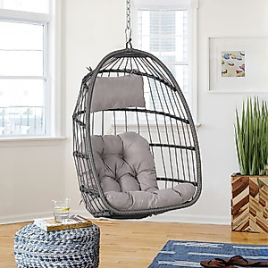 Patiorama Indoor Outdoor Egg Swing - Rattan Hanging Chair w/Cushion, 350lbs Capacity, All Weather Foldable Hammock Chair for Bedroom, Porch (Light Grey)