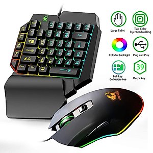 FELICON One Handed Gaming Keyboard and Mouse Combo, Rainbow Backlit 39 Keys Portable Small Mechanical Feel Keyboard with Wrist Rest Support, RGB Backlight 6 Buttons Adjustable Mice for PC Gamer