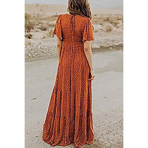Women's Summer Dresses 2023 Round Neck Flutter Short Sleeve Casual Flowy Smocked Floral Maxi Long Dress Caramel L