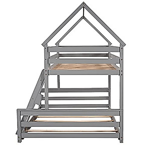 Low Bunk Bed Twin Over Full House Bunk Bed with Built-in Ladder, Wooden Bunk Bed Frame for Kids Girls Boys - Gray