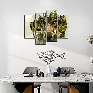 Wolf 4 Pieces Modern Canvas Painting Wall Art The Picture for Home Decoration Wolf Pine Trees Forest Water Wolf Animal Print On Canvas Giclee Artwork for Wall Decor