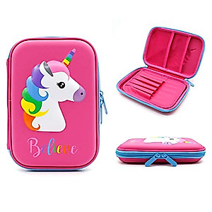 Pencil Case for Girls, 3D Cute EVA Unicorn Pen Pouch Stationery Box Anti-Shock Large Capacity Multi-Compartment for School with 4 unicorn pens