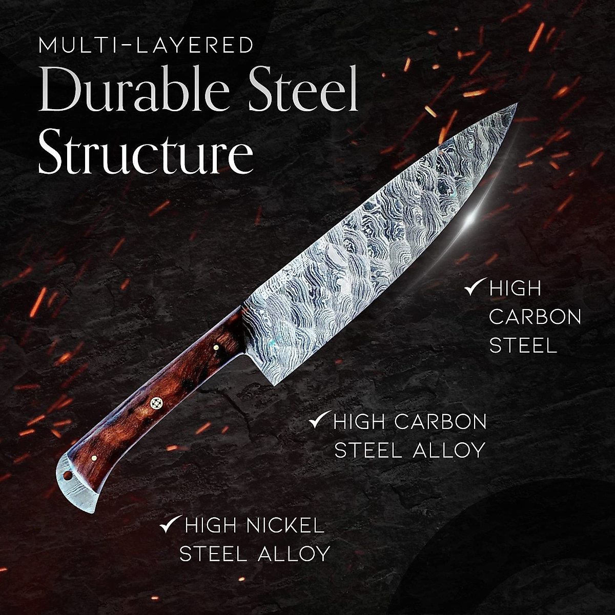 Breliser 3-Piece Knives Set for Kitchen, Damascus Chef Knife Set With Professional Chef Knife, Santoku Knife, & Paring Knife, Diamond-Hammered Kitchen Knifes With Rosewood Handles, Gifts for Chefs