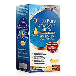 LABO Nutrition OmaxPure Omega 3 Fish Oil, 1125mg Omega-3, 120 Count, Pharmaceutical Grade, High Potency, Better Absorbed Supercritical CO2 Extracted rTG Form, for Heart, Joint, Brain & Immune Health