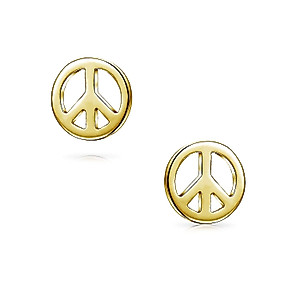 Dainty Tiny Small Round World Peace Sign Symbol Stud Earrings For Women For Teen 14K Gold Plated .925 Sterling Silver