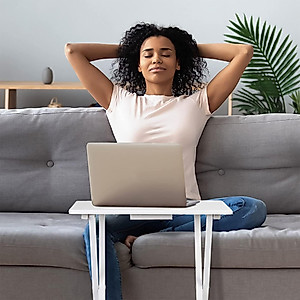 PJ Wood Lightweight Rectangle Solid Wood Construction Multifunctional Folding Table Tray with Compact Storage Rack, White, 2 Piece Set