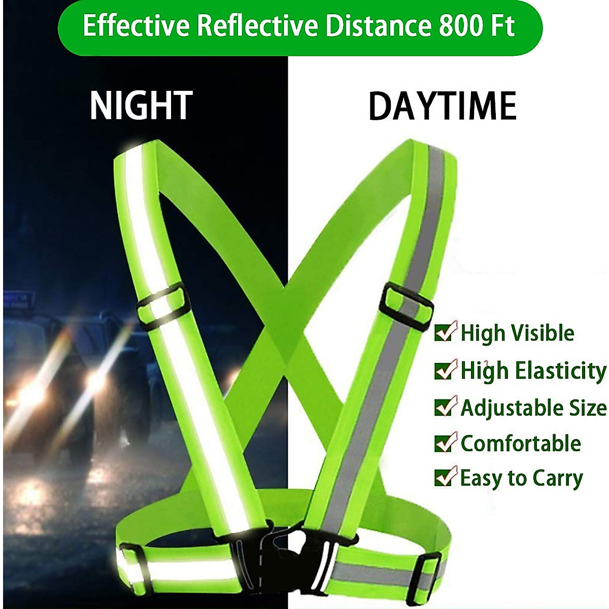 Reflective Vest, Reflective Glow Belt with 2Pack Reflector Armbands, Adjustable Elastic Safety Vest Outdoor Reflective Belt High Visibility, Ultralight & Comfy for Running, Jogging, Walking, Cycling,