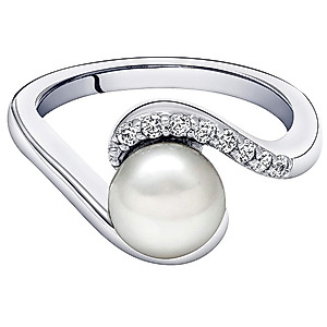 PEORA Freshwater Cultured White Pearl Bypass Ring in Sterling Silver, 7mm Round Button Shape, Comfort Fit, Size 8
