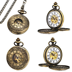 ManChDa Pocket Watch - Engraved Bronze Retro Vintage Double Hunter Series Skeleton Dial Delicate Mechanical Movement + Gift Box