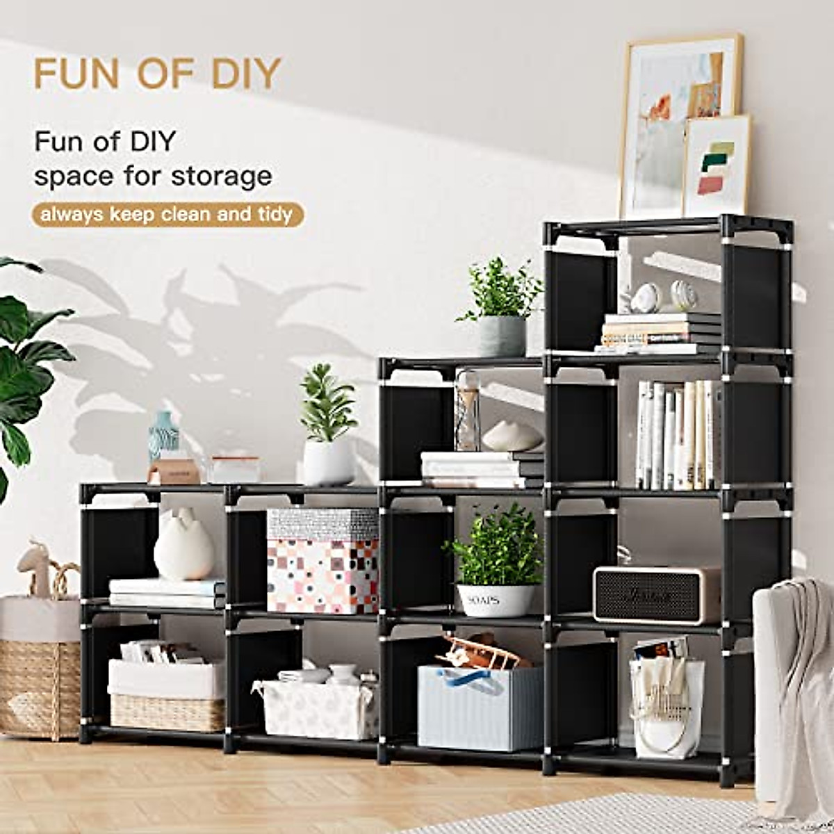REIBII Bookshelf for Bedroom Book Shelf Organizer Bookcase Tall Book Case 12 Cube Storage Organizer Cube Shelf Black Cubby Storage Organizer Shelves for Bedroom Living Room Closet Office DIY