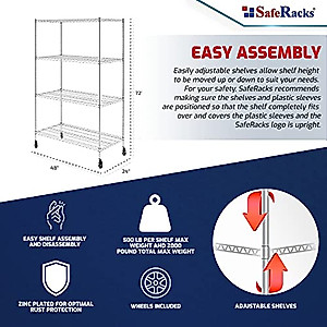 SafeRacks NSF Certified Storage Shelves, Heavy Duty Steel Wire Shelving Unit with Wheels and Adjustable Feet, Used as Pantry Shelf, Garage or Bakers Rack Kitchen Shelving - (24"x48"x72" 4-Tier)