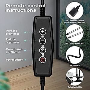 iPower LED Grow Light, 6000K Full Spectrum Clip Plant Growing Lamp with 84 White Red LEDs for Indoor Plants, 5-Level Dimmable, Auto On Off with 4/8/12H Timer