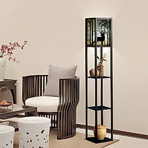 JITHCG Deer with Antlers Posing Forest Silhouettes of Tree Magical Misty Standing Lamp with Shelves Flaxen Fabric Shade Floor Lamp Tall lamp Corner Bedside Lamp for Living Room Bedroom Aesthetic Decor