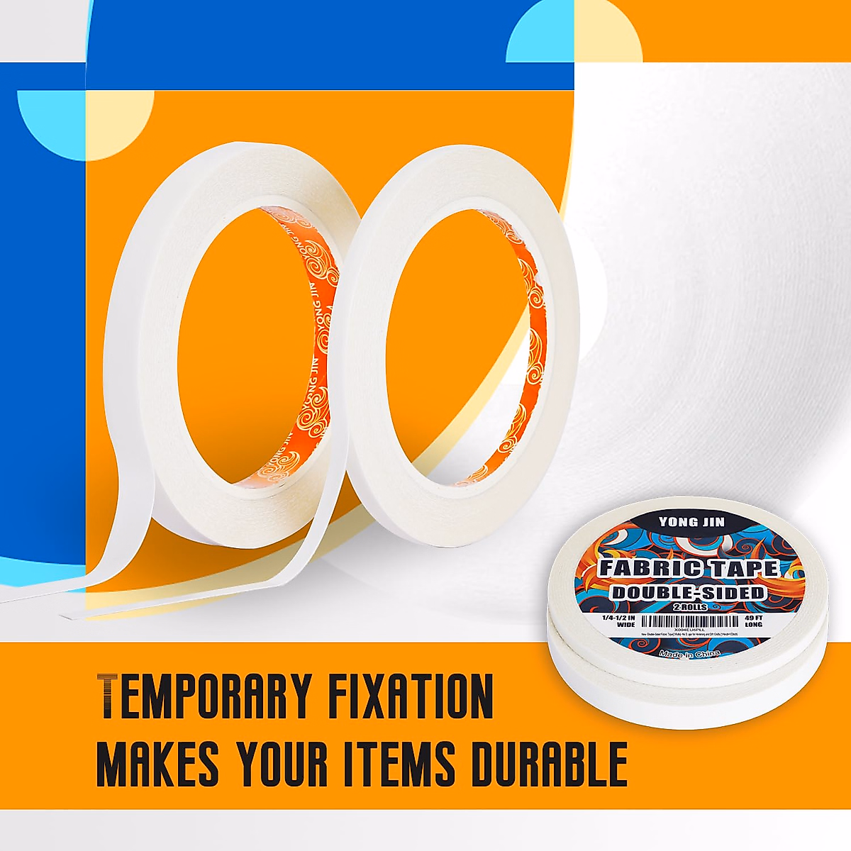 YONGJIN Double-Sided Fabric Tape (2 Rolls) - No Sewing or Ironing Required, Perfect for Quick Clothing Repairs, Fabric Bonding, Adhesive Cloth Tape for Hemming and DIY Crafts (1/4inch+1/2inch)