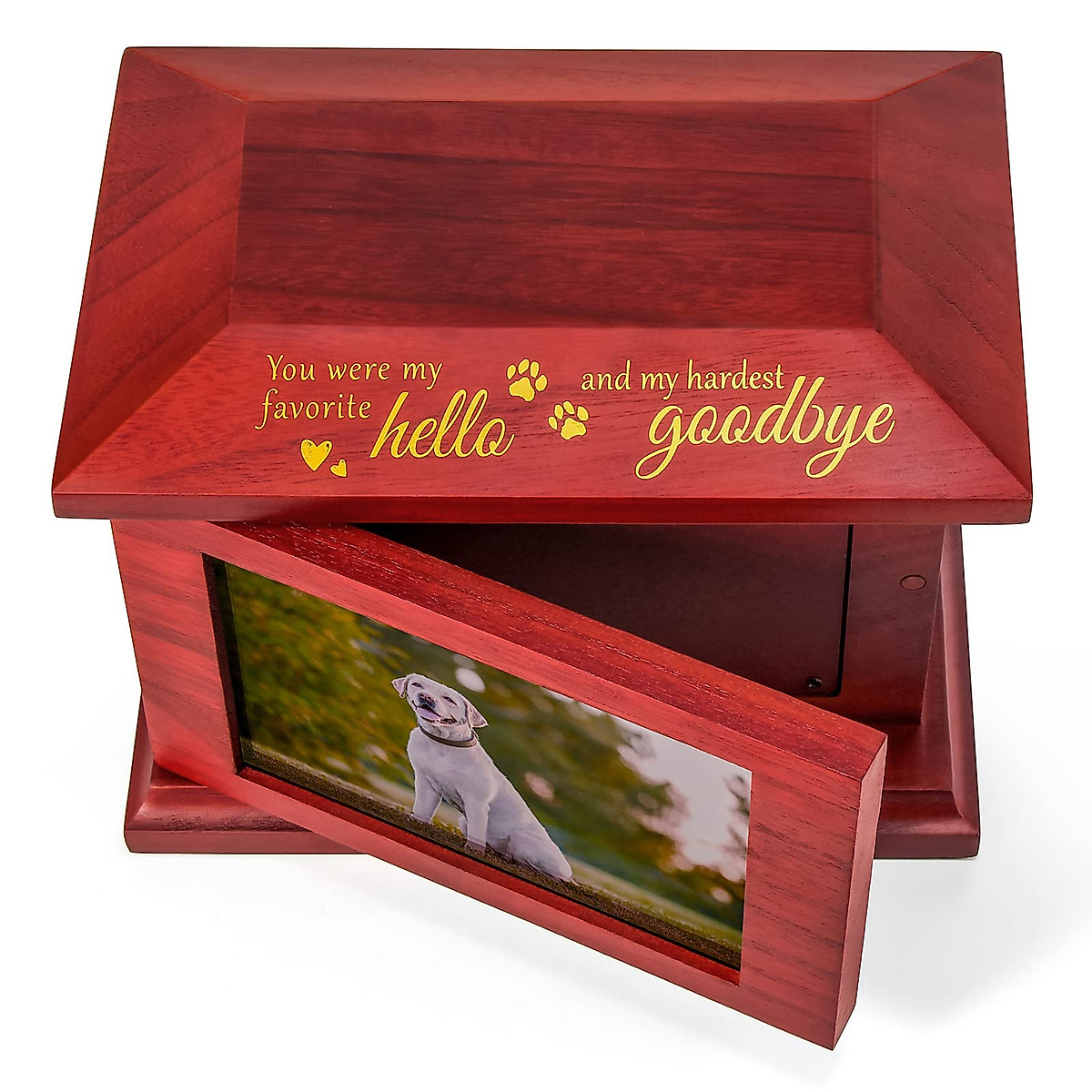 TJ. MOREE Pet Urns for Dog Ashes, Memorial Gifts for Loss of Cat, Personalized Wooden Cremation Urn with Photo Frame, Keepsake Memory Box with Black Flannel Bag for Pet up to 100 Pounds