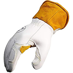 Caiman Premium Goat Grain TIG/MIG Welding Gloves with Wool Insulated Back, Scalloped Cuff, Boarhide Palm, Unlined, Reinforced Thumb, Kevlar, Kontour Design, White/Gold, Medium (1871-4)
