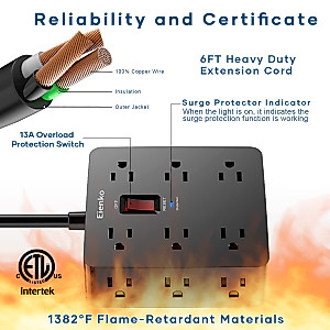 Surge Protector Power Strip - Eienko 6 Ft Extension Cord with 12 Widely Outlets, 3 Side Outlet Extender with 4 USB Ports, Flat Plug, Wall Mount, Desk USB Charging Station, ETL,Black