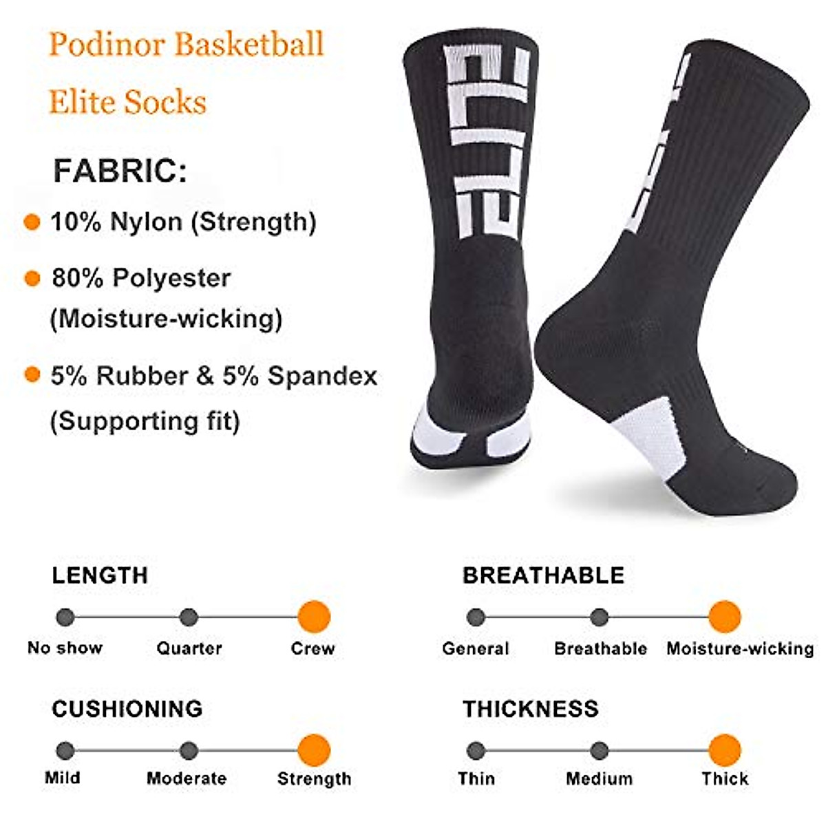 Podinor Elite Basketball Crew Socks for Men and Women, Cushion Performance Athletic Black Basketball Socks
