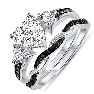 LaRaso & Co His and Hers 3 Piece Trio Sterling Silver Black Wedding Band Engagement Ring Set