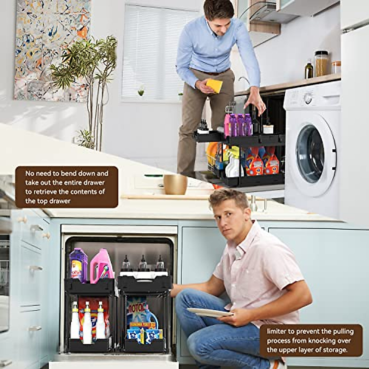 GAOLINE 2 Pack 2 Tier Under Sink Organizers and Storage with 8 Hooks, 4 Long Bulkheads, 4 Short Bulkheads & 2 Hanging Cups, Double Sliding Drawers Cabinet Basket Organizer, Up to 15 inches High, Black