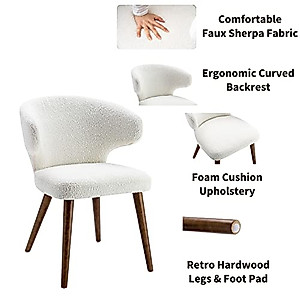 HNY Mid Century Modern Dining Chairs Set of 2, Upholstered Curved Wingback Accent Arm Chairs, Faux Sherpa Side Chairs with Solid Wood Legs, White