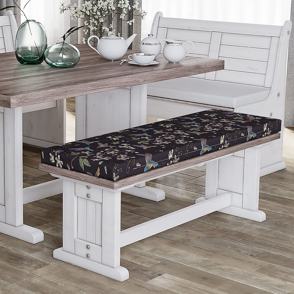 Ambesonne Cherry Blossom Bench Pad, Flappy Broad-Tailed Hummingbirds Flying Around White Cherry Blossom Trees, Standard Size HR Foam Cushion with Decorative Fabric Cover, 45" x 15" x 2", Black Purple