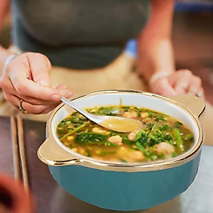 Milltrip Ceramic Bowl, Binaural Bowls Large Capacity Crown Ceramic Bowl with Lid and Phnom Penh Handle for Soup Rice Salad Instant Noodle(Green)