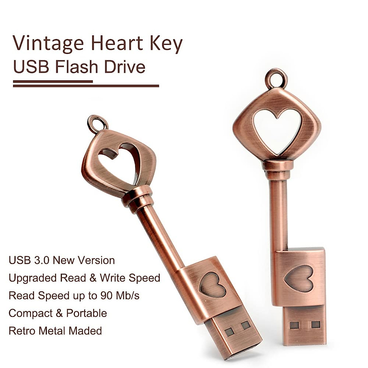 64GB USB 3.0 Flash Drive, BorlterClamp Memory Stick Retro Metal Love Heart Key Shaped USB Drive Thumb Drive