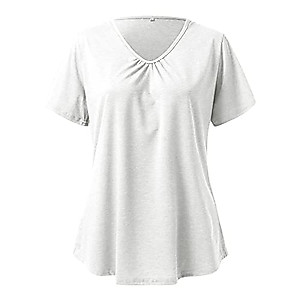 Spring and Summer New Short Sleeve V Neck Shrink Pleated Solid Color Loose Tee Shirt Top White