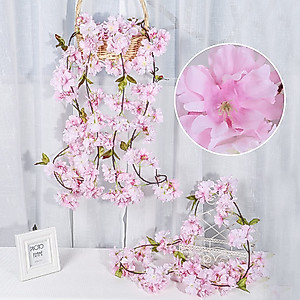 Rozwkeo 2pcs Artificial Cherry Blossom Garland Wall Hanging Cherry Vine Silk Floral Garland Flowers String Fake Flowers Garland for Home Wedding Indoor Outdoor Garden Wall Decor Party Decoration
