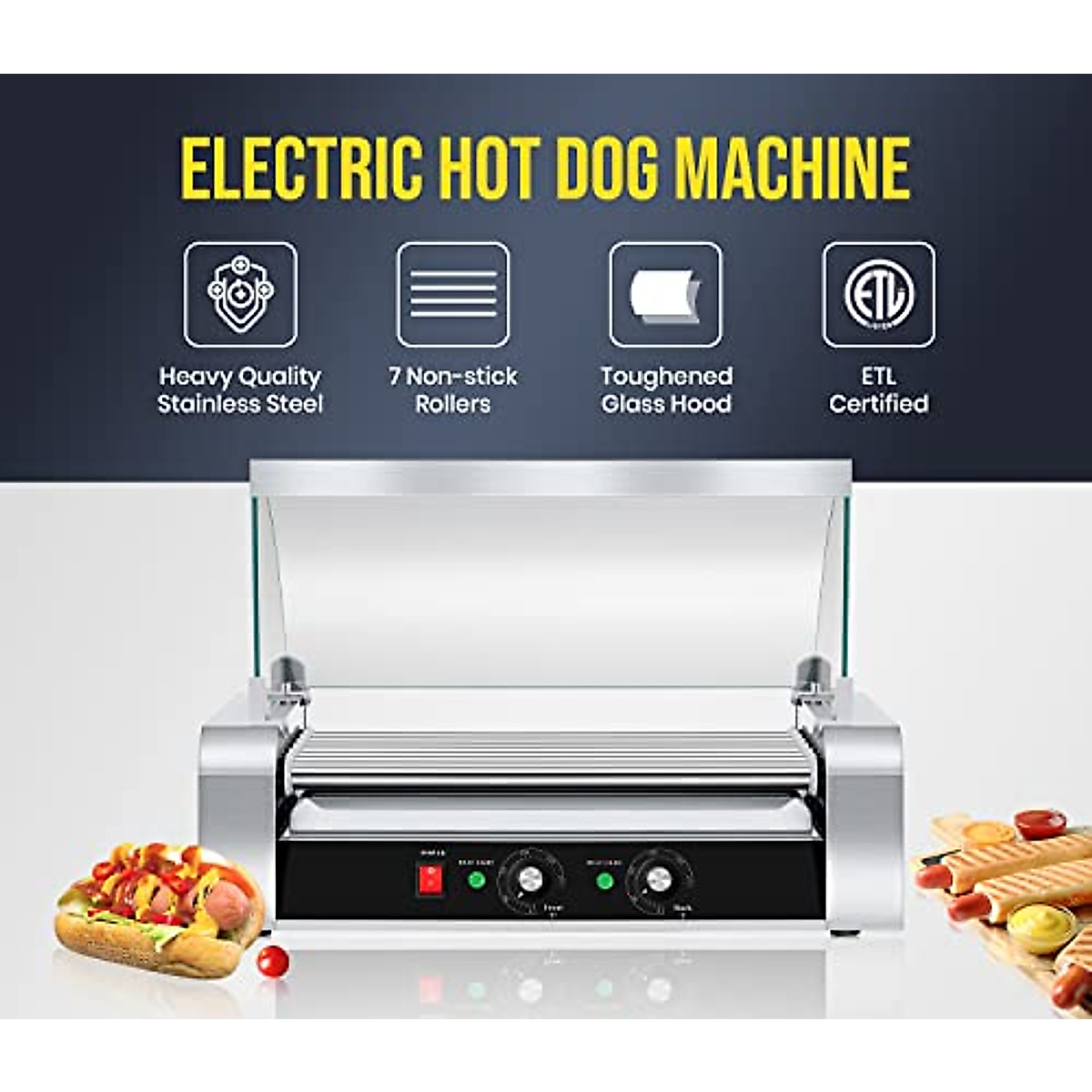 SYBO Hot Dog Roller, 18 Hot Dog 7 Roller Grill Cooker Machine with Removable Stainless Steel Drip Tray and Glass Hood Cover, 1000-Watts, OT-R3-8
