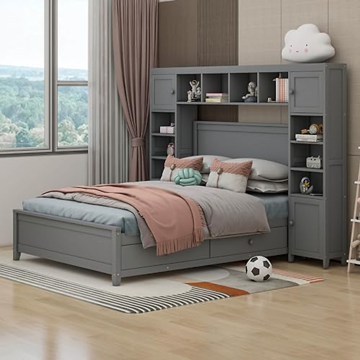 BEBPILOO Full Size Wooden Bed with All-in-One Cabinet and Shelf for Kids,Teens (Gray)