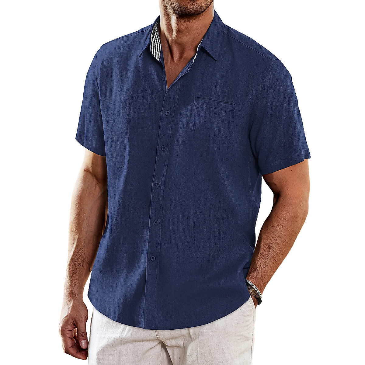 COOFANDY Mens Shirt Linen Casual Button Down Summer Beach Tops, Navy Blue, Large, Short Sleeve